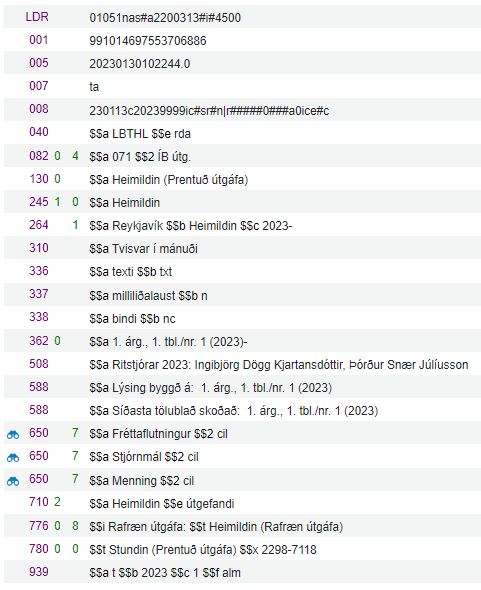 Prentuð tímarit - dæmi - Handbók Skrásetjara Gegnis